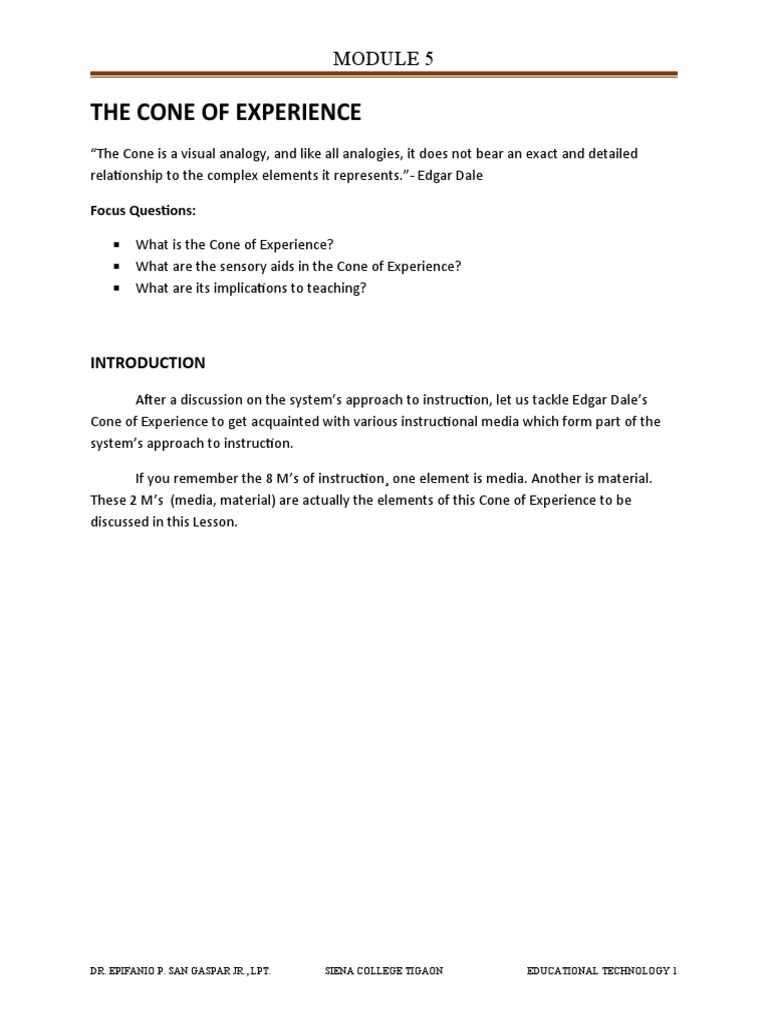 The Cone of Experience: Focus Questions | PDF | Experience | Perception