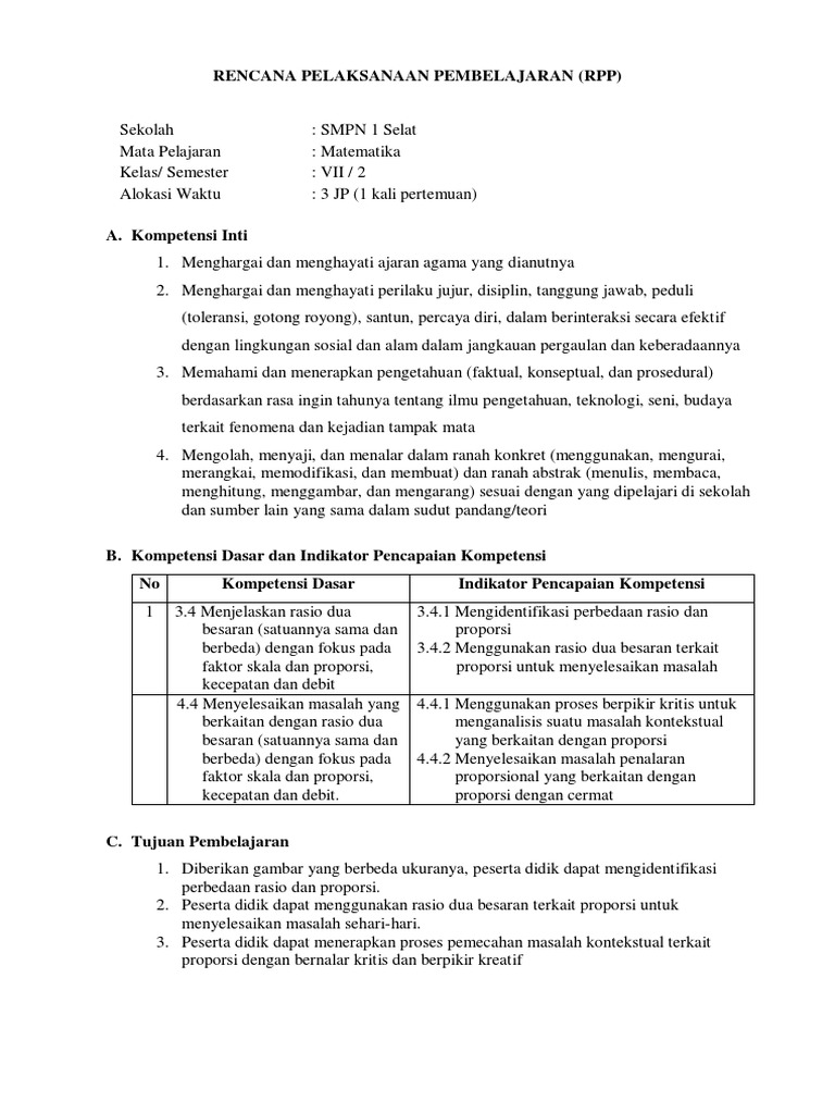 RPP 1 Perbandingan Kelas 7 | PDF | Seni