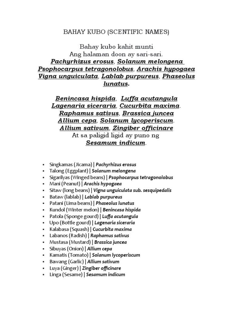Bahay Kubo (Scientific Names) Lyrics | PDF | Science & Mathematics