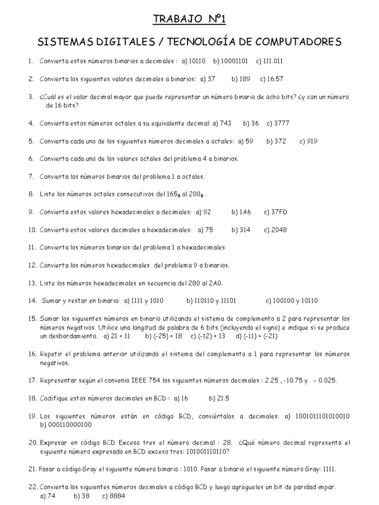 Hoja De Trabajo De Números Binarios