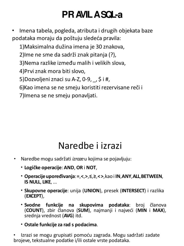 10.pravila SQL, Naredbe I Izrazi | PDF