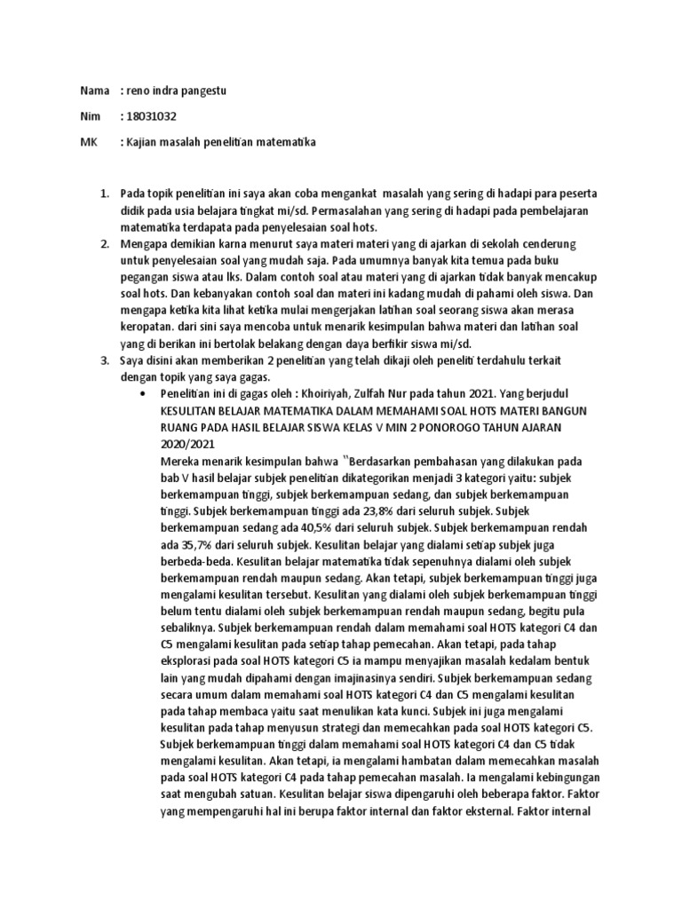 Reno Indra Pangestu Uts Kajian Masalah Penelitian Matematika | PDF | Karier & Perkembangan ...