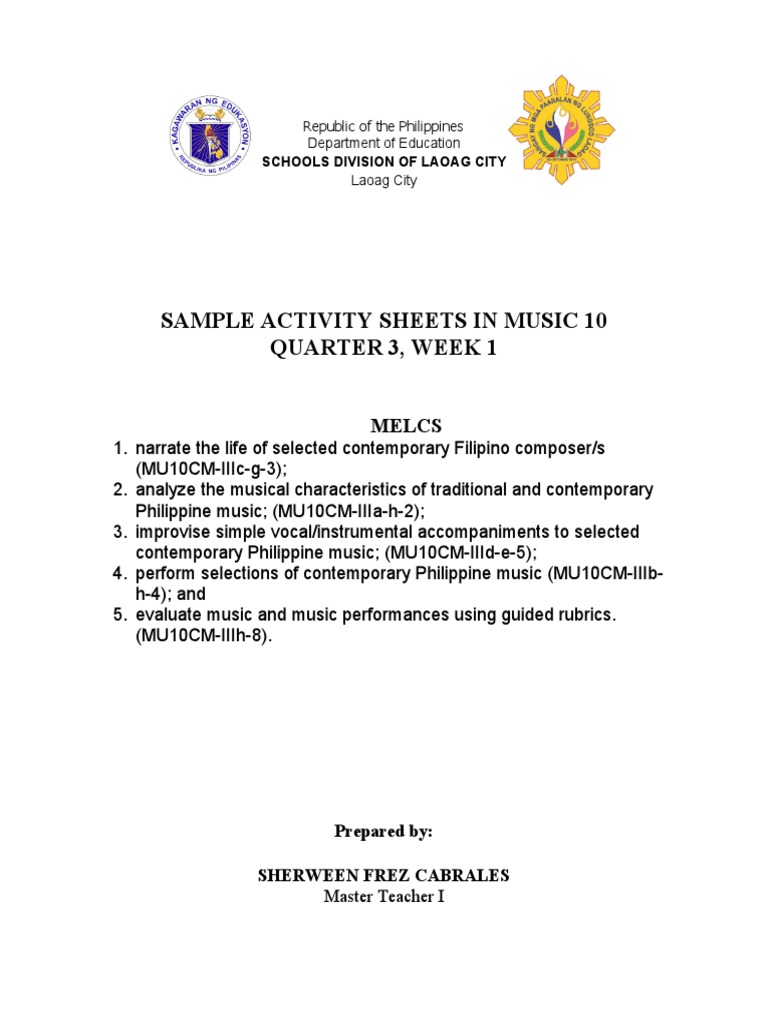 Sample Activity Sheets in Music 10 Quarter 3, Week 1: Melcs | PDF ...