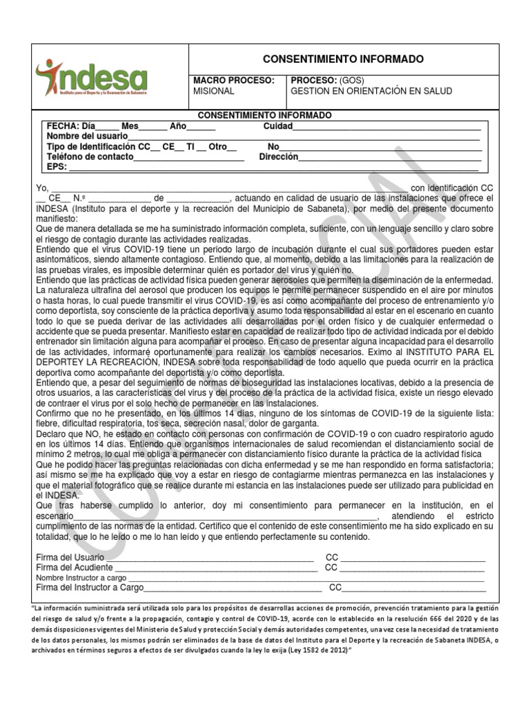 Formato de Consentimiento Informado 2021. Versión 3 | PDF ...