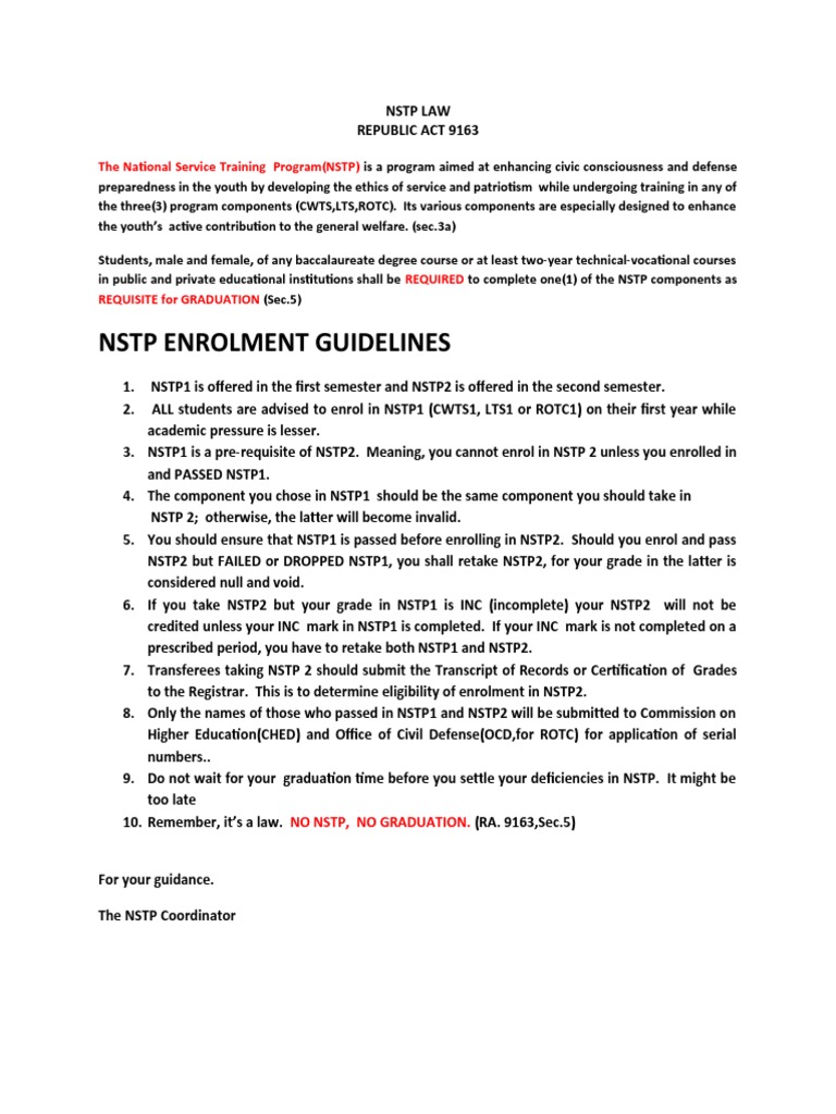 NSTP Enrolment Guidelines: The National Service Training Program (NSTP ...