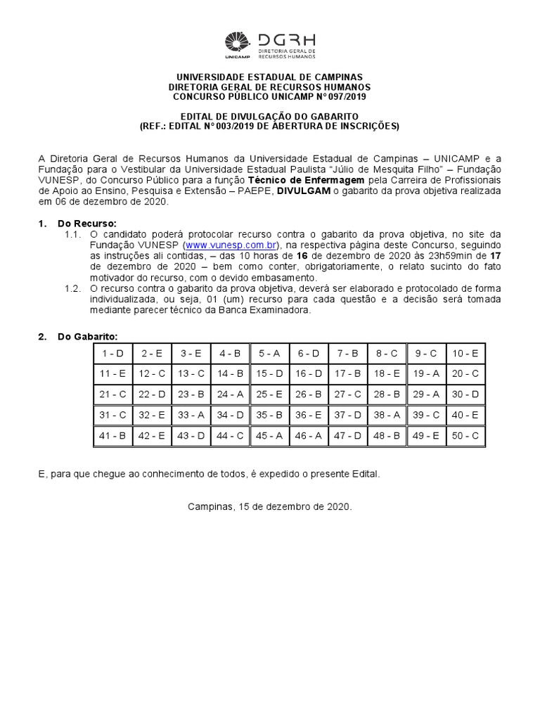 Unicamp 2019 Unicamp Tecnico de Enfermagem Gabarito | PDF