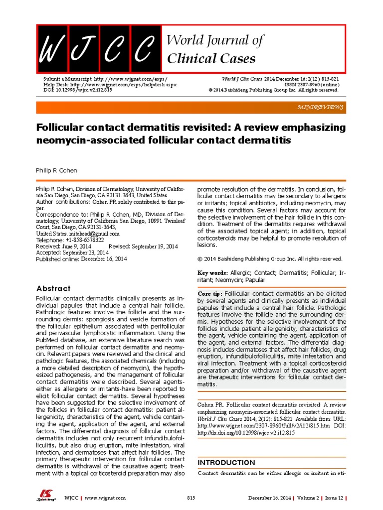 Follicular Contact Dermatitia Revisited A Review Emphasizing Neomycin ...