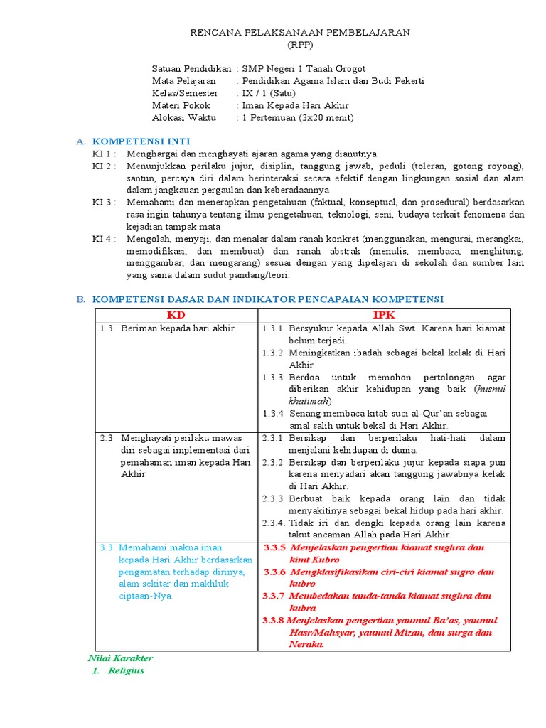 RPP KLS 9-Iman Kepada Hari Ahir (PPL 2) | PDF