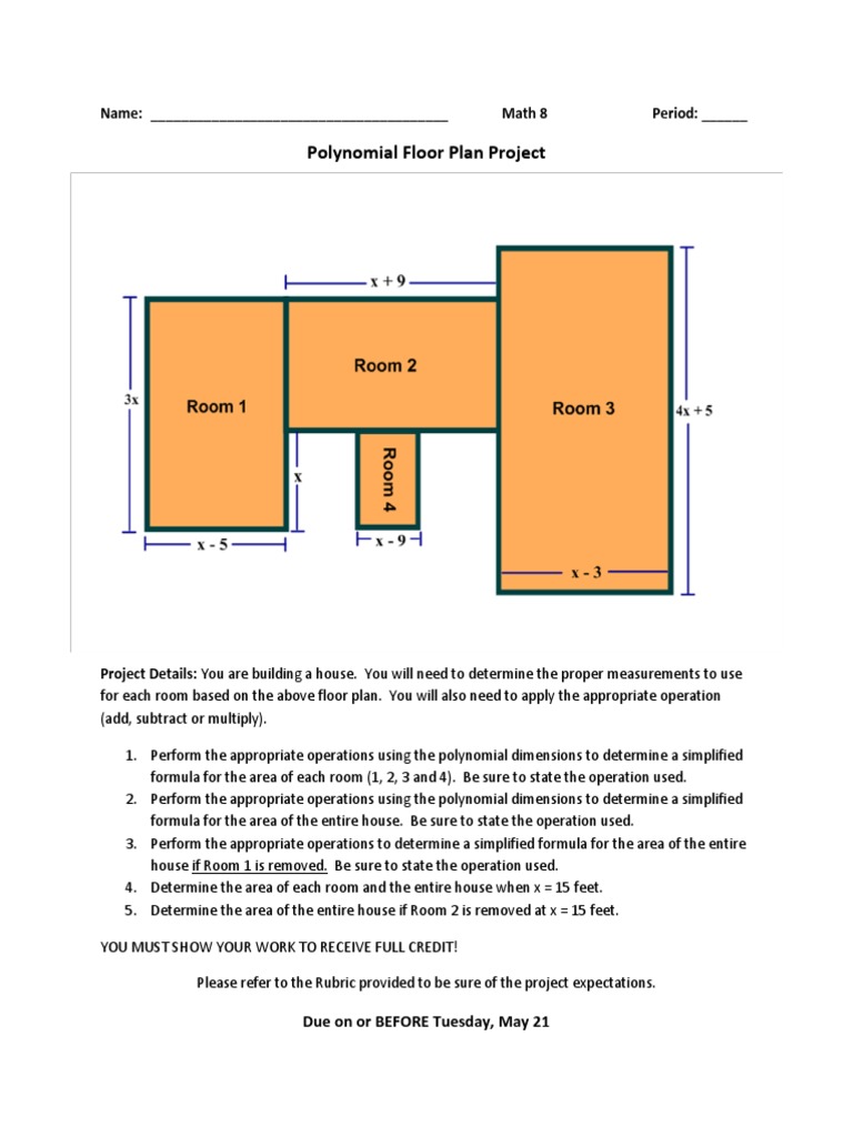 Polynomial Floor Plan Project: Name: - Math 8 Period | PDF | Area | Length