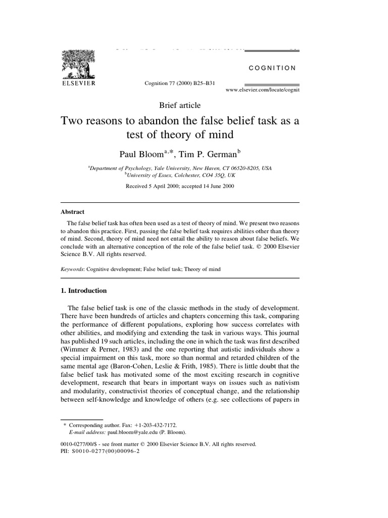Two Reasons To Abandon The False Belief Task As A Test of Theory of ...