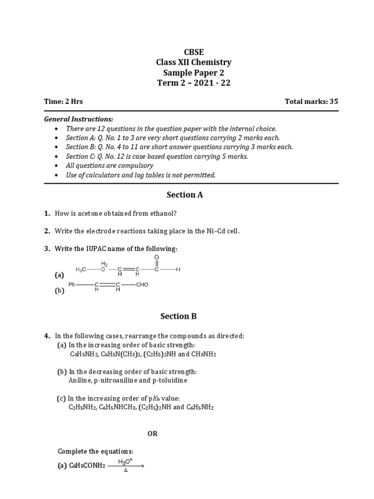 Chemistry Class 12th CBSE Sample Paper | PDF | Chemical Reactions ...