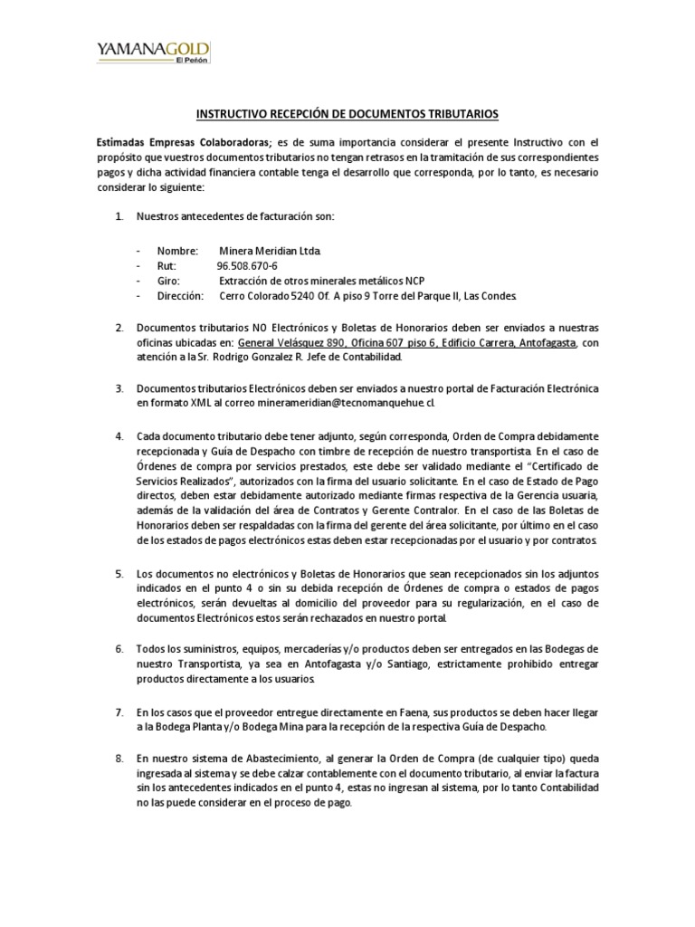 INSTRUCTIVO RECEPCIÓN DE DOCUMENTOS TRIBUTARIOS | PDF