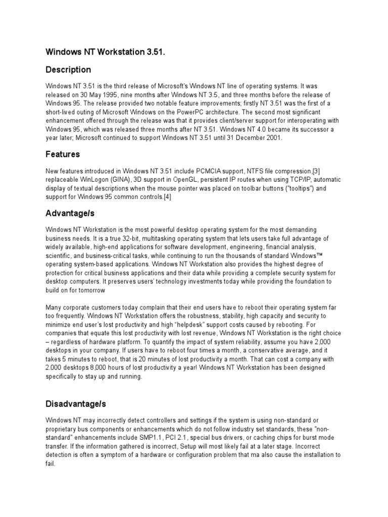Windows NT Workstation 3.51. Description | PDF | Windows Nt | Microsoft ...