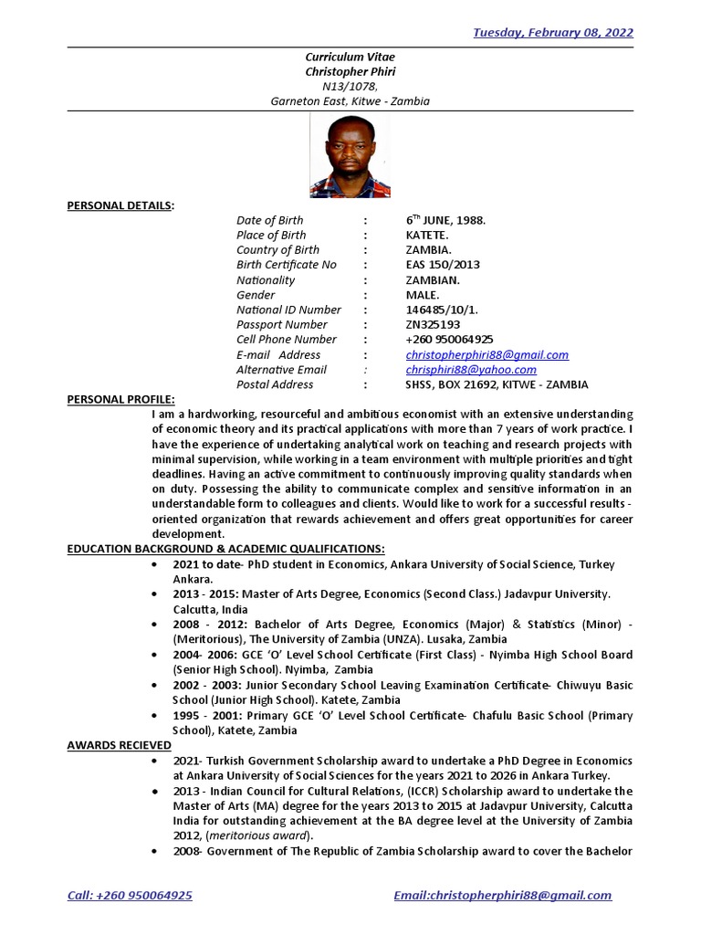 CV Christopher Phiri 28.09.21 | PDF | Economics | Academic Degree