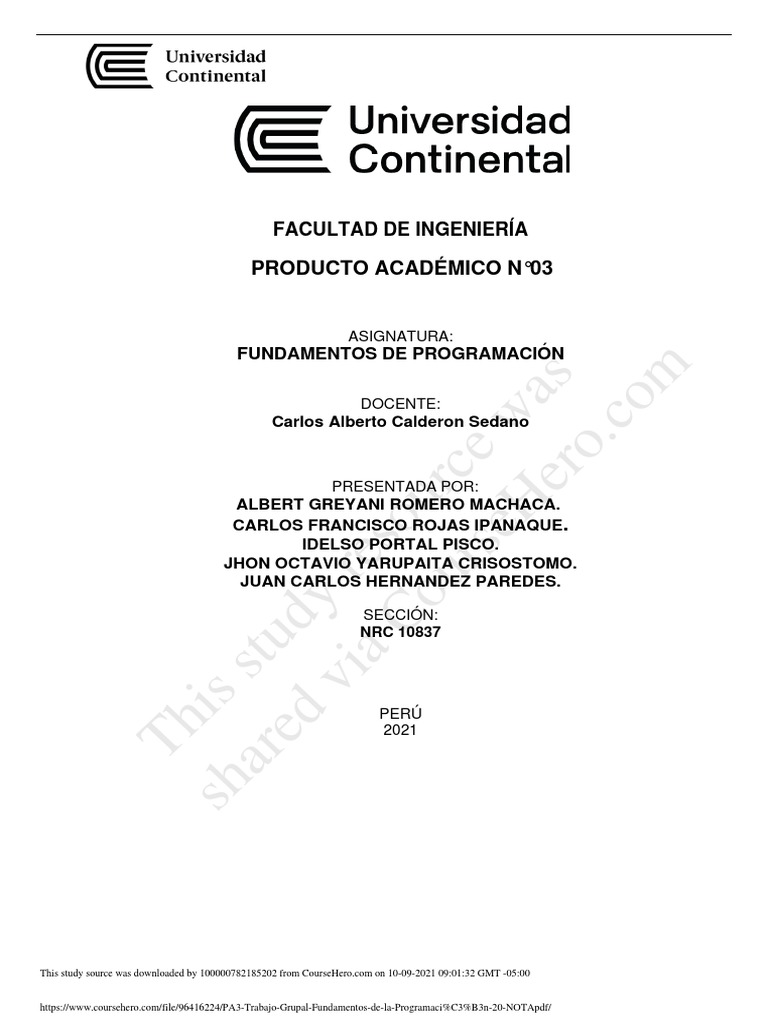 PA3 Trabajo Grupal Fundamentos de La Programaci N. 20 NOTA PDF | PDF ...