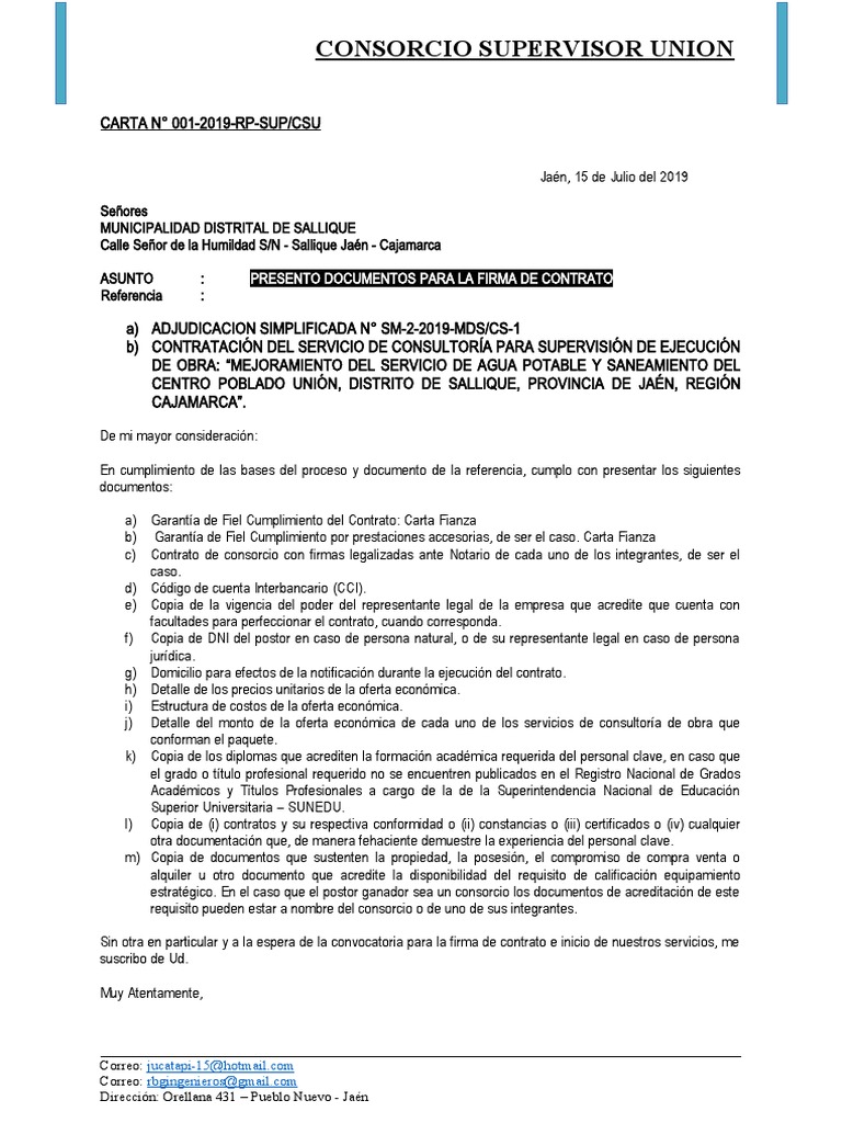 1 - Carta 01 Doc para Firma de Contrato | PDF