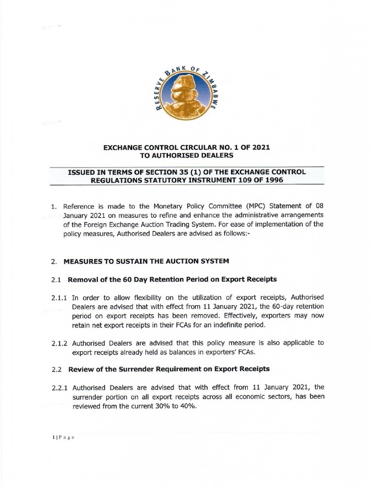 Exchnage Control Circular Number 1 of 2021 | PDF