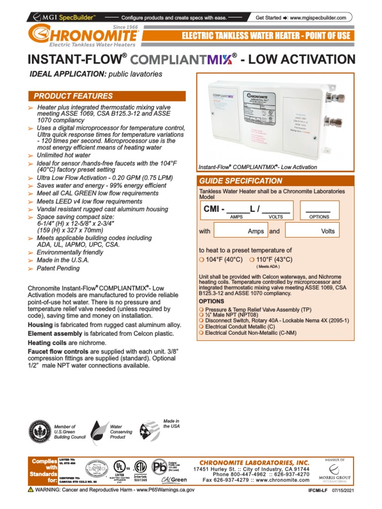 IFCMI LF Instant Flow C Micro Mix Electric Tankless Low Activation ...