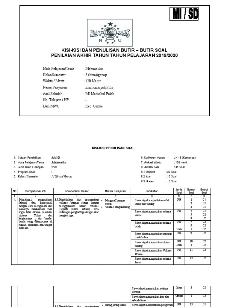 Kisi-Kisi MTK 5 | PDF