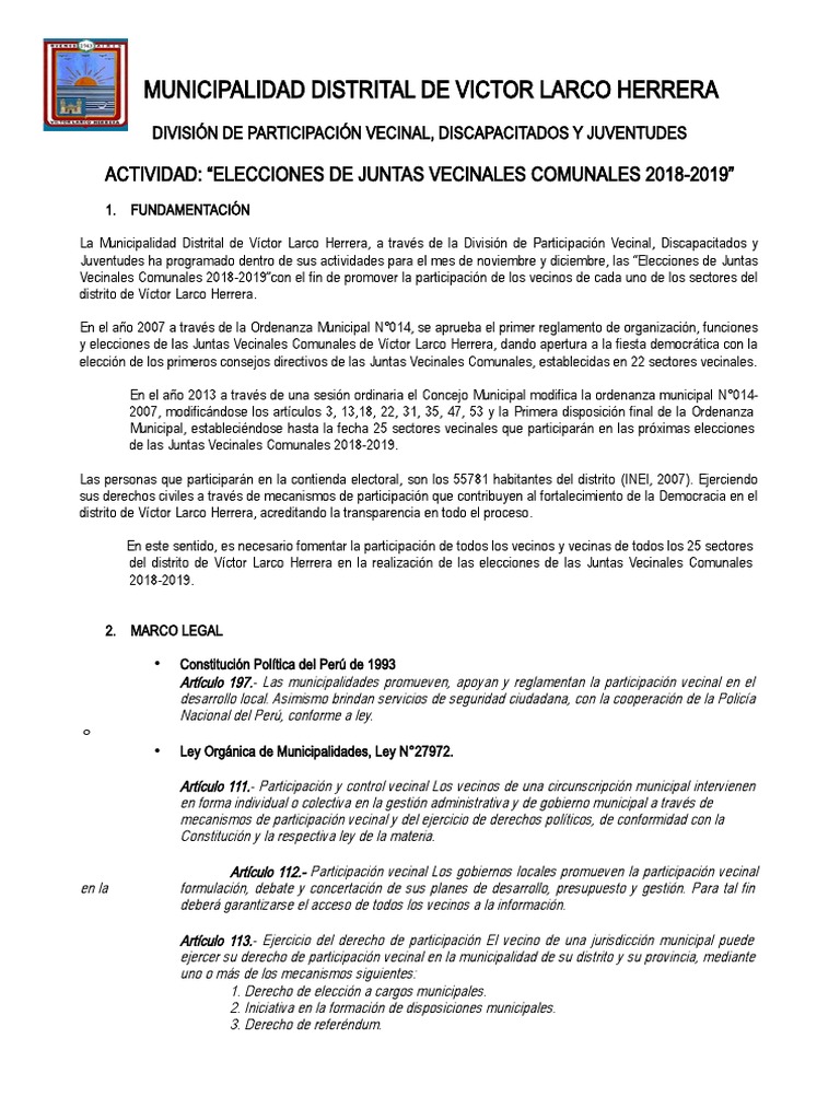 Plan de Trabajo - Elecciones de Juntas Vecinales | PDF | Gobierno local | Elecciones