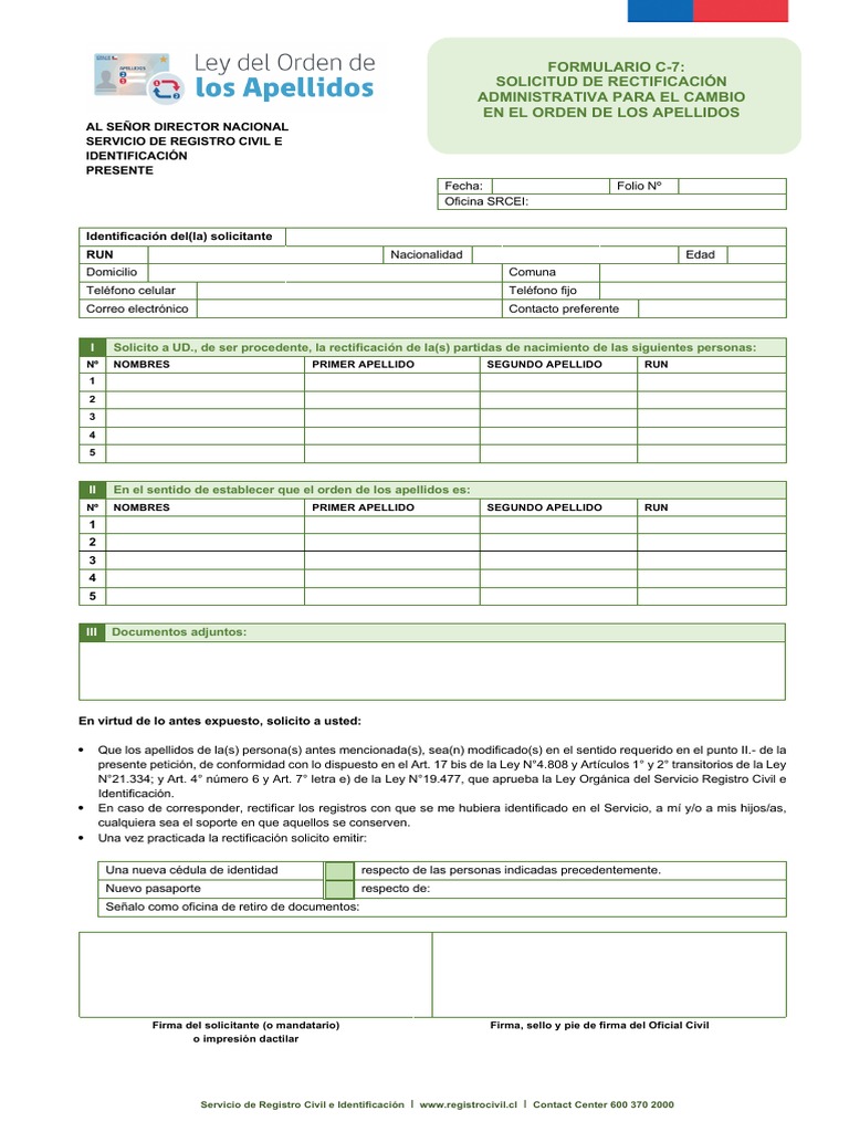 Formulario c7 Solicitud de Rectificación Administrativa para Cambio Del Orden de Los Apellidos ...