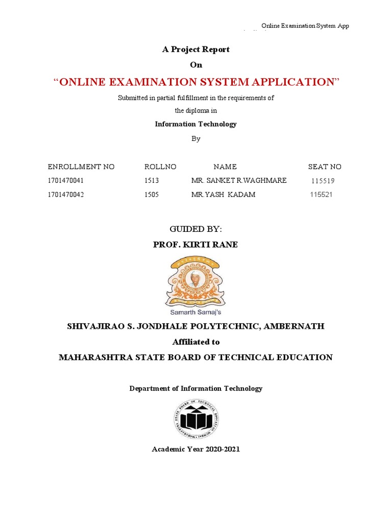 "Online Examination System Application": A Project Report On | PDF ...