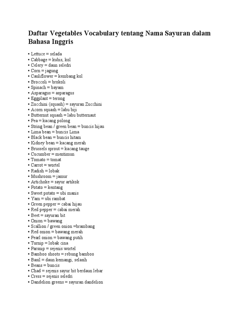 Daftar Vegetables Vocabulary Tentang Nama Sayuran Dalam Bahasa Inggris ...