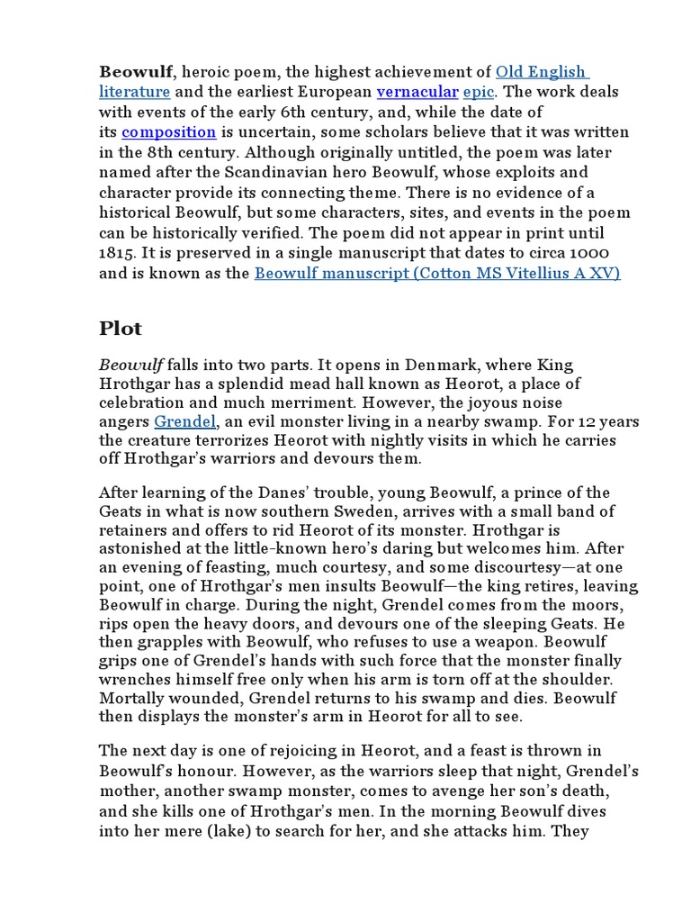 Vernacular Composition: Beowulf, Heroic Poem, The Highest Achievement ...