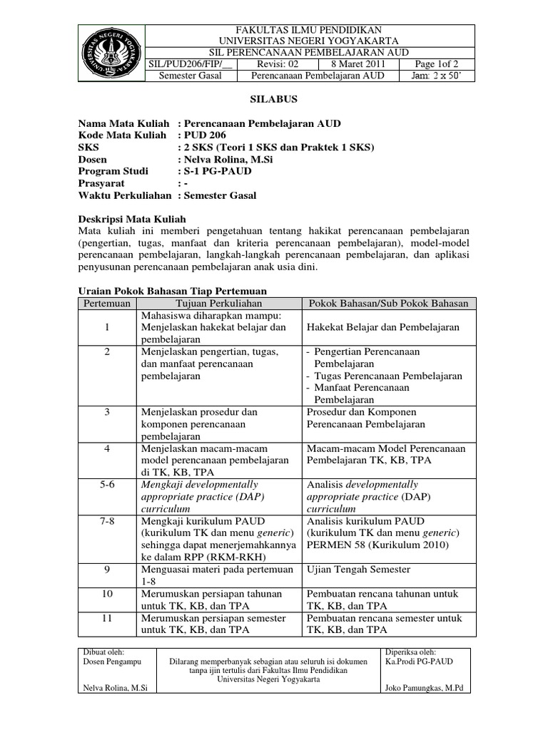 Silabi Perencanaan Pembelajaran AUD | PDF