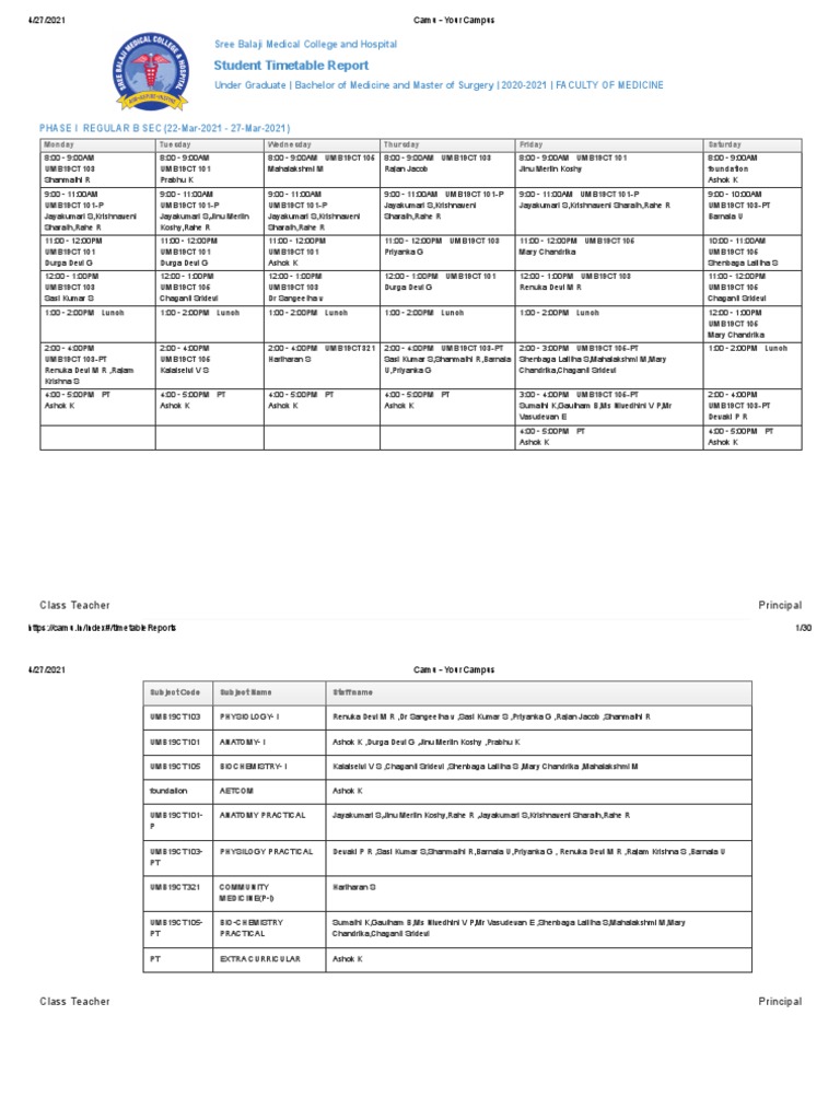 Student Timetable Report | PDF | Medical School | Medicine