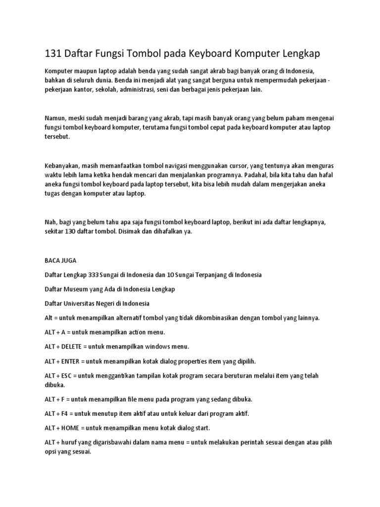 131 Daftar Fungsi Tombol Pada Keyboard Komputer Lengkap | PDF