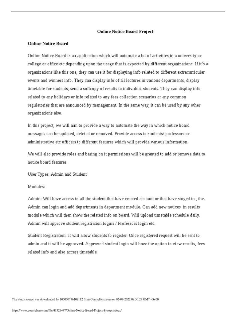 Online Notice Board Project Synopsis | PDF | Php | Information Technology