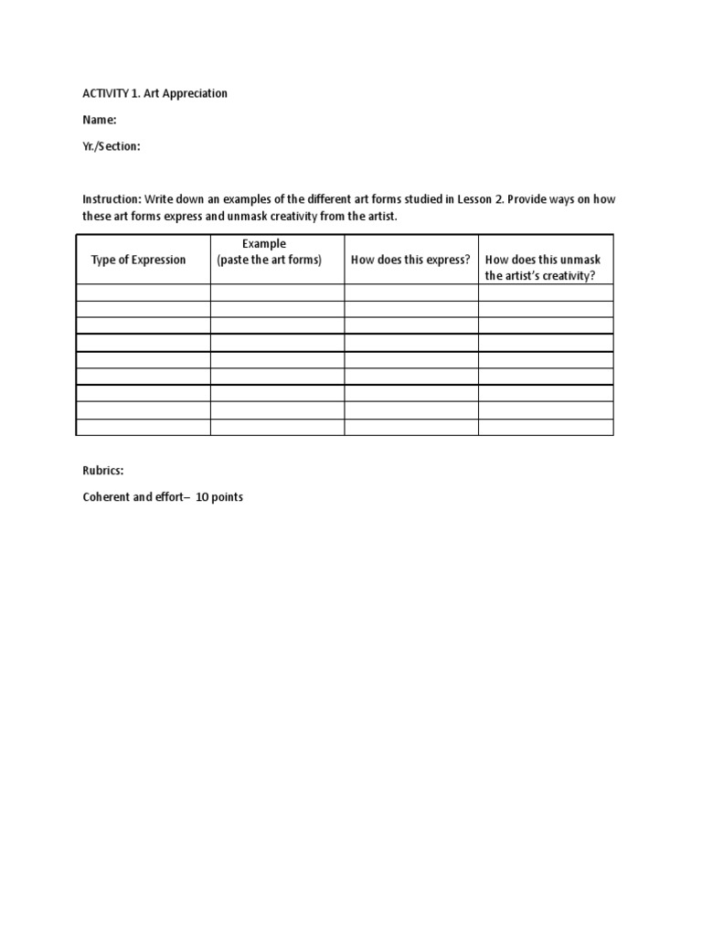 (Template) ACTIVITY 1 - Art Appreciation | PDF | Language Arts ...
