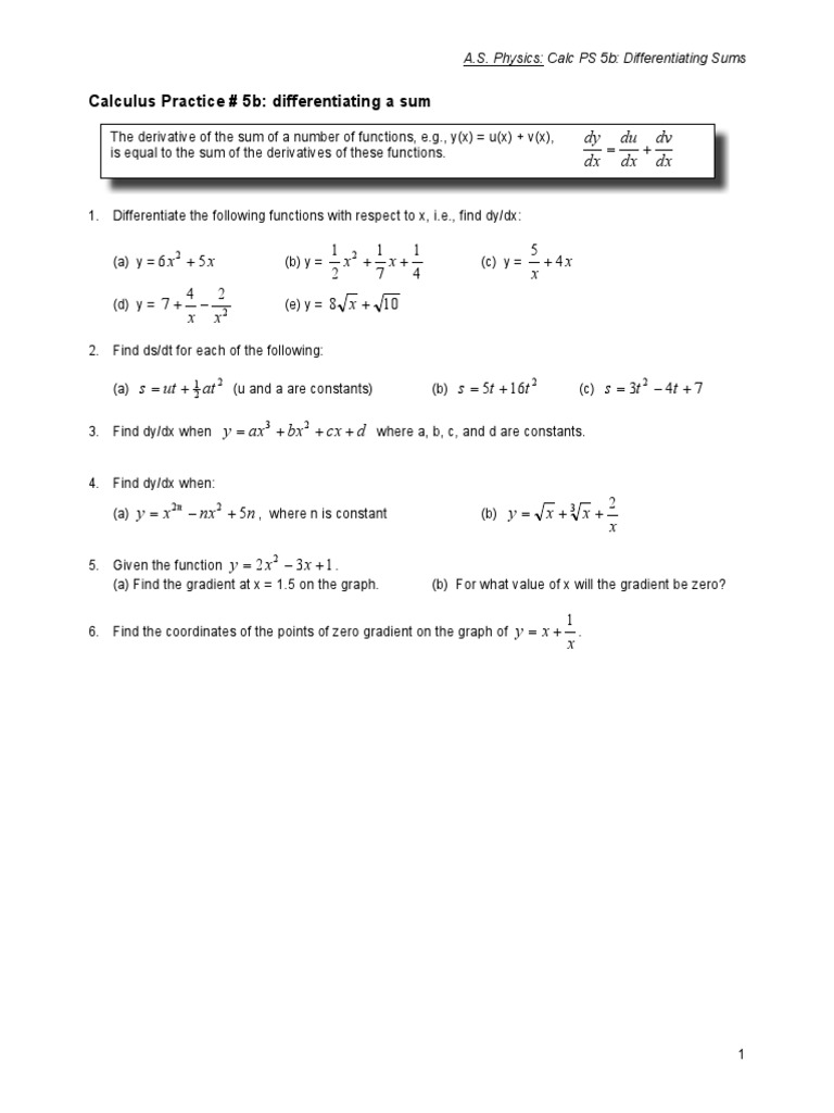 Calculus Practice # 5b: Differentiating A Sum: DX DV DX Du DX Dy | PDF ...