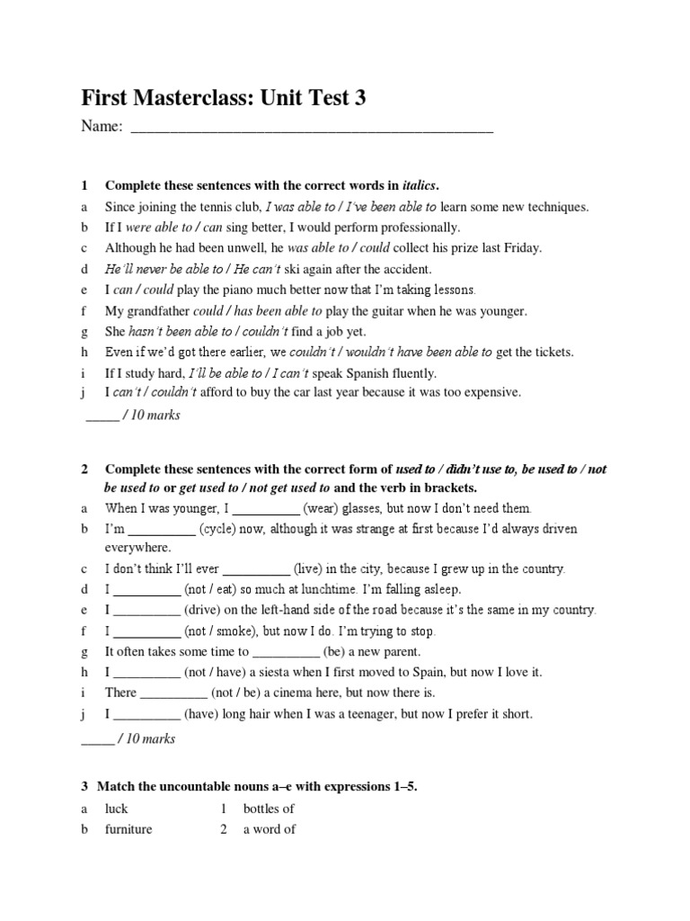 First Masterclass Unit Test 3 Pdf