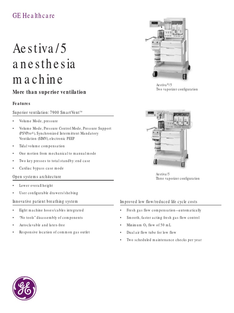 Aestiva/5 Anesthesia Machine: GE Healthcare | PDF | Breathing | Gases
