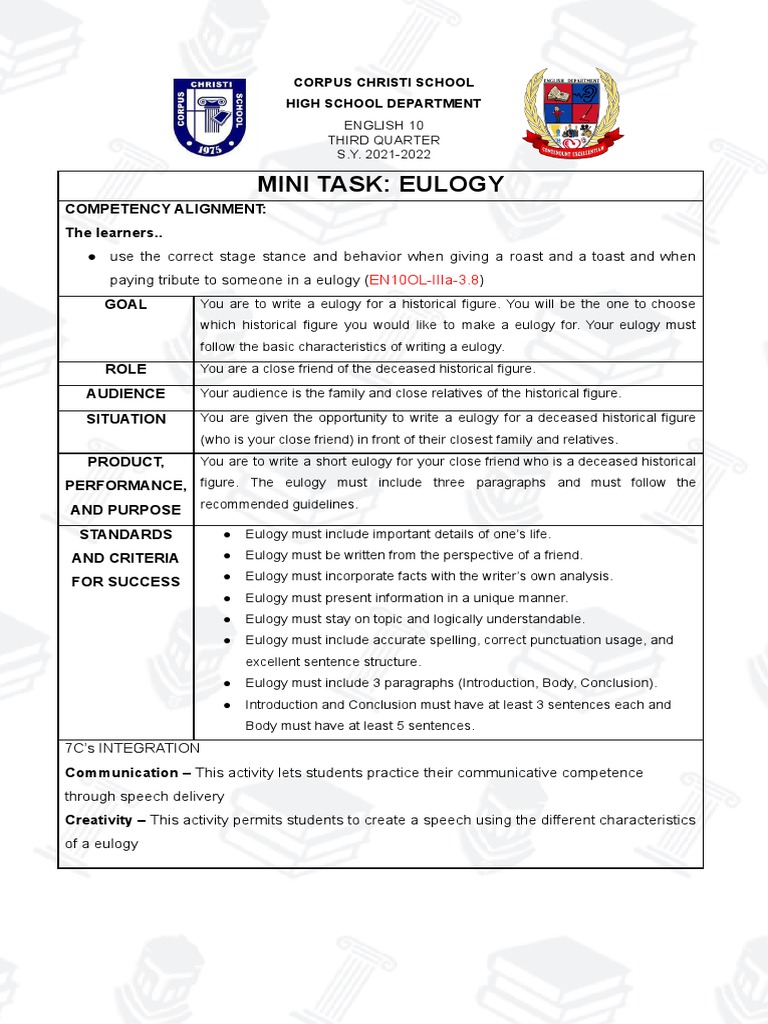 Wgcflpbiw - G10ENGQ304-Eulogy - GRASPS and RUBRIC | PDF | Learning ...