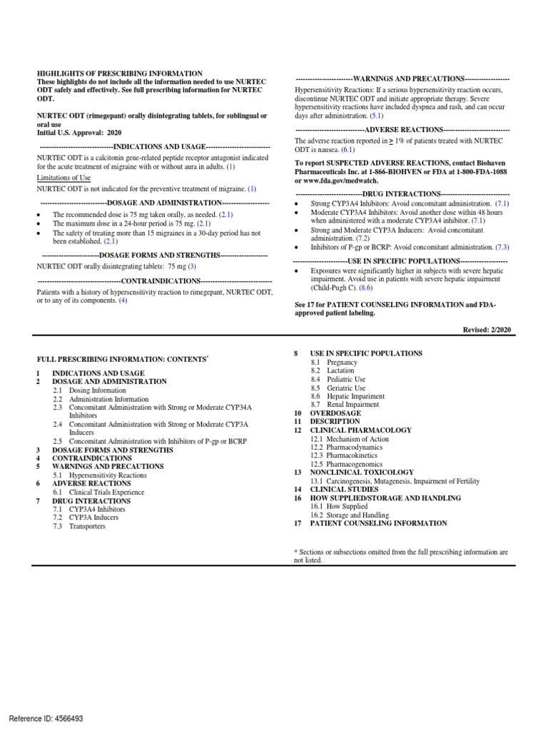 NURTEC ODT - Rimegepant FDA Label | PDF | Pharmacokinetics | Migraine