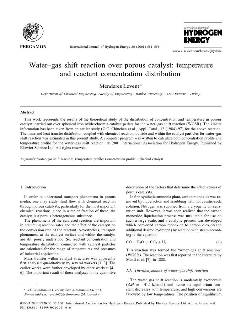 Water-Gas Shift Reaction Over Porous Catalyst: Temperature and Reactant ...