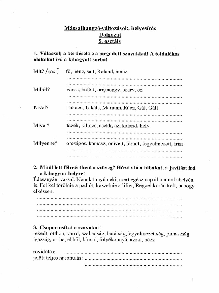 Mássalhangzó-Változások 5.osztály Dolgozat | PDF