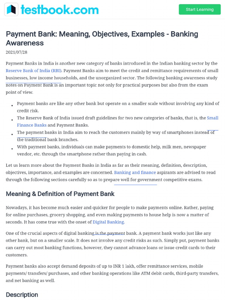 Banking Awareness Payment Bank | PDF