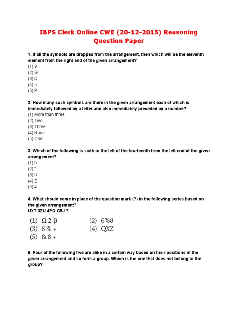 IBPS Clerk Online CWE (20-12-2015) Reasoning Question Paper | PDF ...