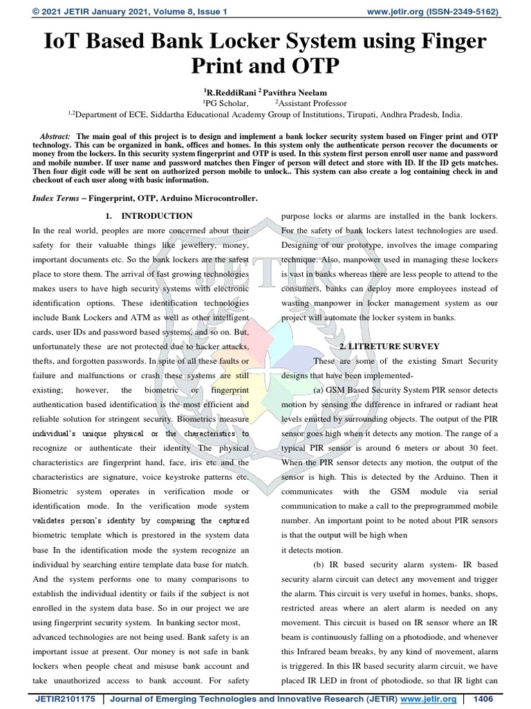 Iot Based Bank Locker System Using Finger Print and Otp: R.Reddirani Pavithra Neelam | PDF ...