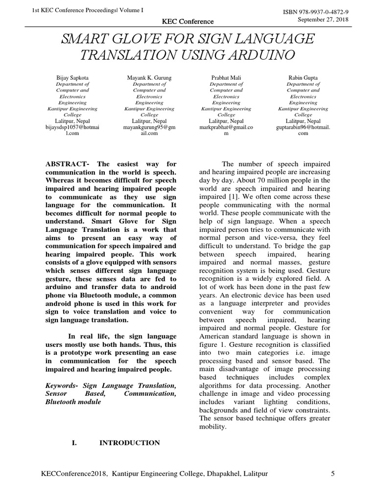 Smart Glove For Sign Language Translation Using Arduino: KEC Conference KEC Conference | PDF ...