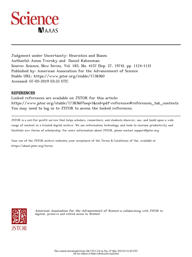 Tversky & Kahneman - Judgement Under Uncertainty Heuristics and Biases ...