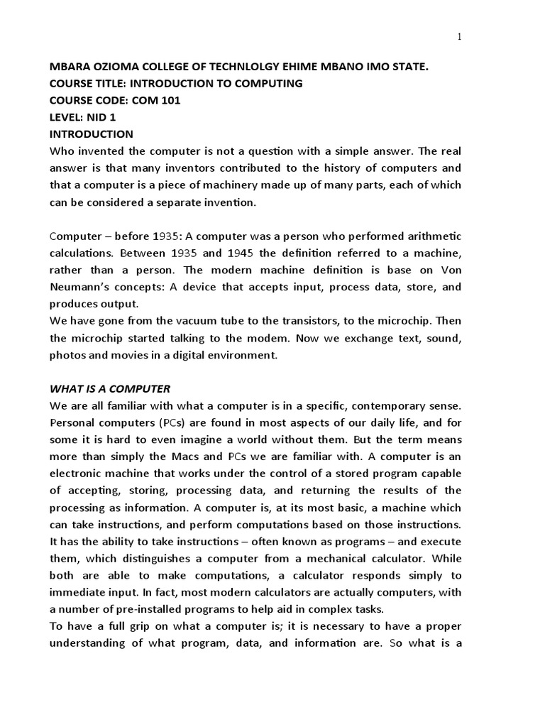 Introduction To Computing Com 101 | PDF | Bios | Computer Data Storage