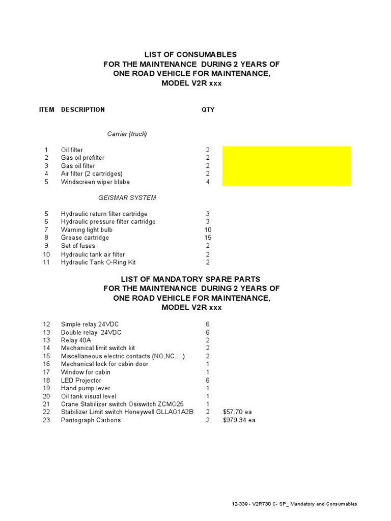 V2R730 Vehicle Maintenance Parts List | PDF | Switch | Pump