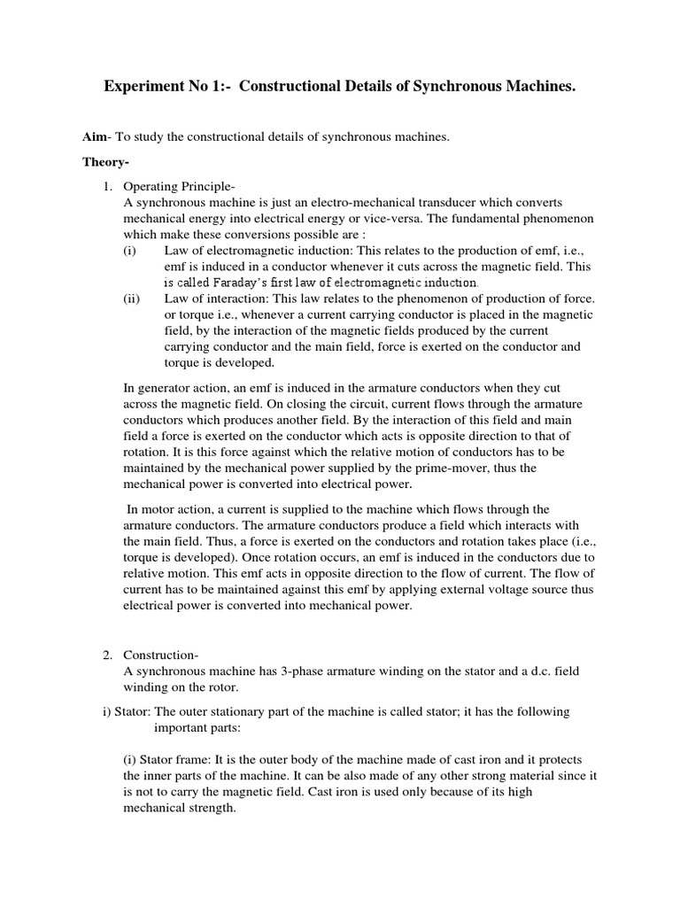 Experiment No 1:-Constructional Details of Synchronous Machines ...