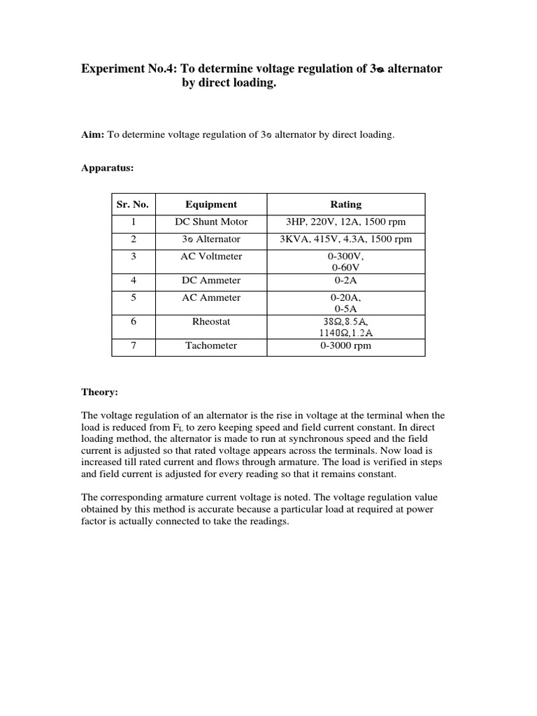 Experiment No.4: To Determine Voltage Regulation of 3 Alternator by ...