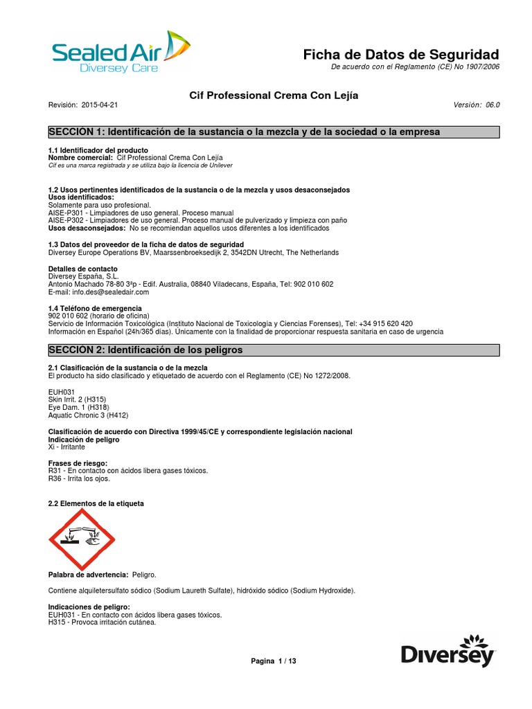 Ficha de Datos de Seguridad: Cif Professional Crema Con Lejía | Descargar gratis PDF ...